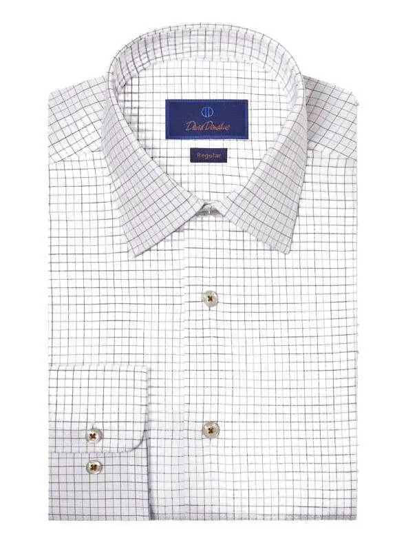 David Donahue Regular Fit Dobby Tattersall Check Dress Shirt - White/ Dune