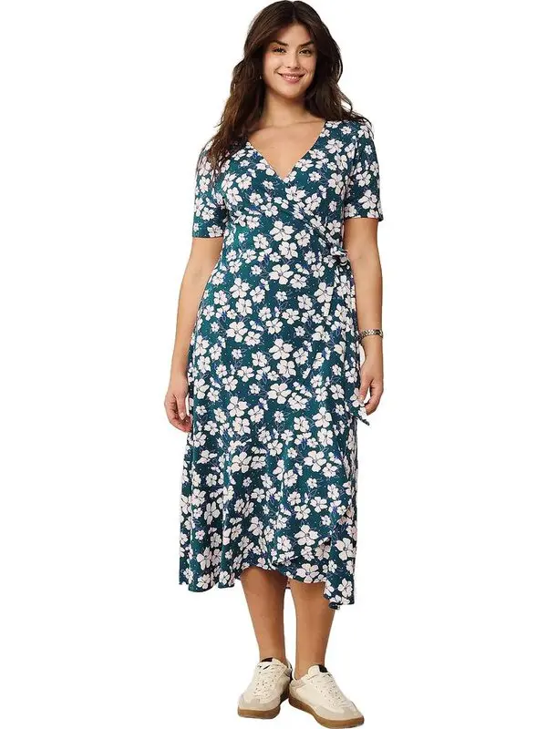 LANDS' END Cotton Modal V-neck Wrap Midi Dress - Baltic Teal Pansy Floral
