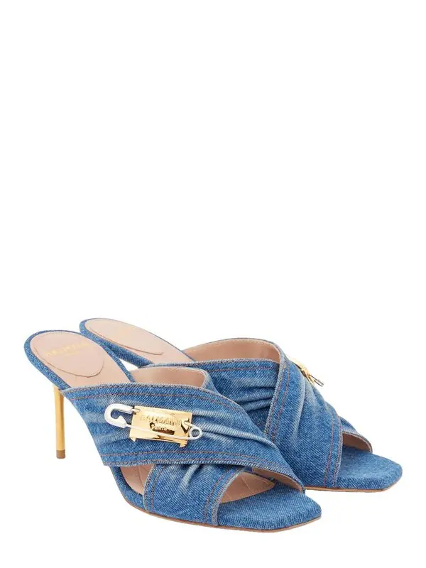 Balmain 75 Embellished Denim Mules - Blue
