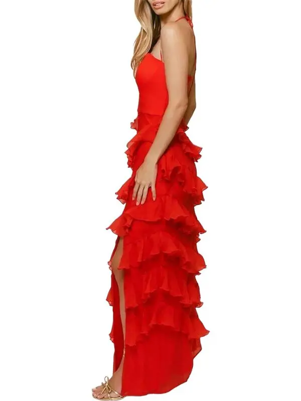 HUTCH Lou Square-neck Ruffle Gown - Cherry