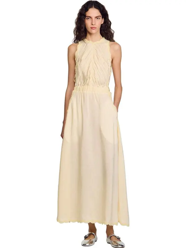 Sandro Linen Maxi Dress With Lace Trim - Light Yellow