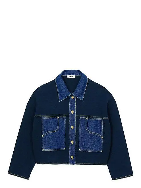 Sandro Pointed-collar Denim-trim Cardigan - Bleus