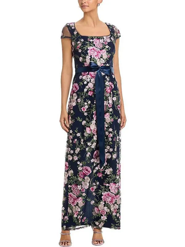 Adrianna Papell Cascading Floral Column Gown - Navy Blush