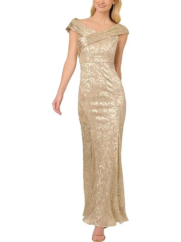 Adrianna Papell Foil Leaf Mermaid Gown - Champagne Gold