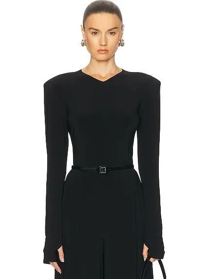 Norma Kamali Long Sleeve V Neck Top With Padded Shoulders - Black