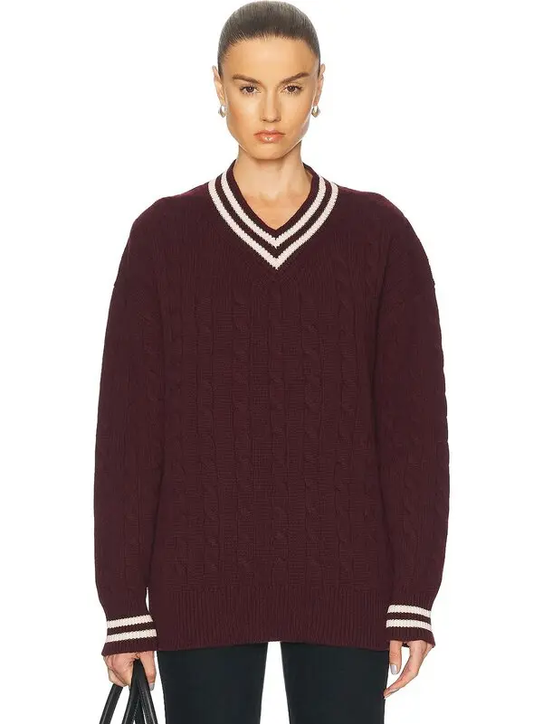 &daughter Slouchy Cricket V-neck Cable Sweater - Burgundy & Ecru