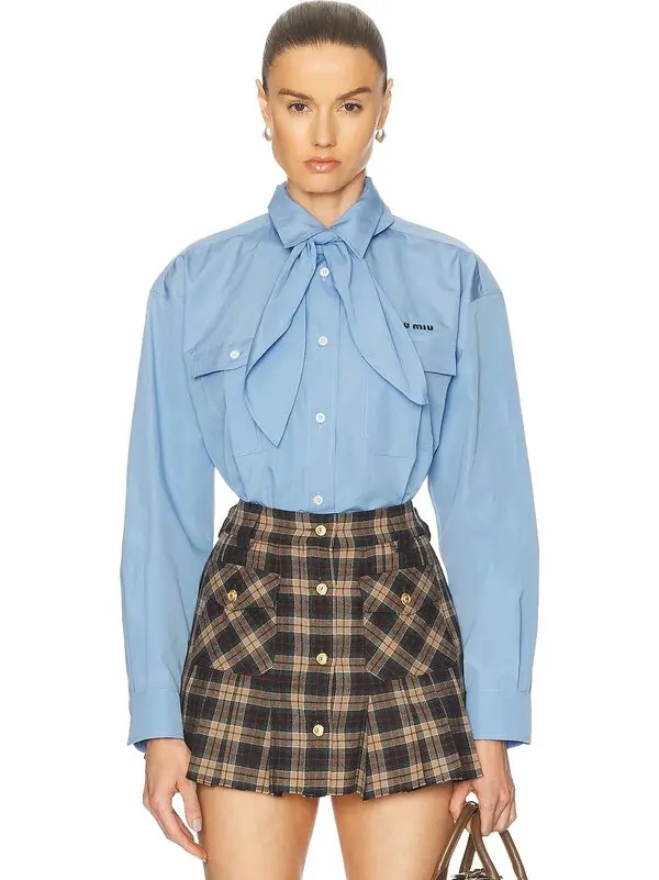 Miu Miu Poplin Button-up Top With Optional Scarf - Azzurro