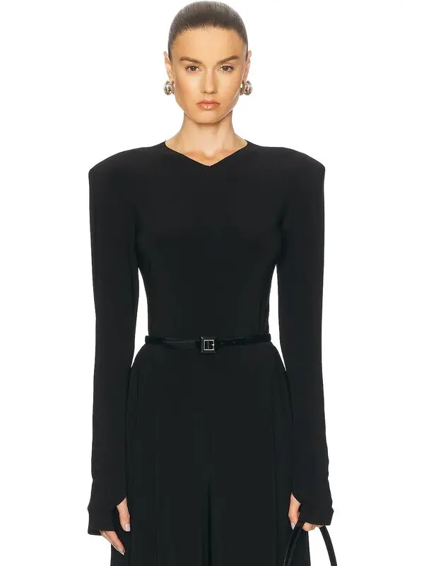 Norma Kamali Long Sleeve Shoulder Pad V Neck Top - Black