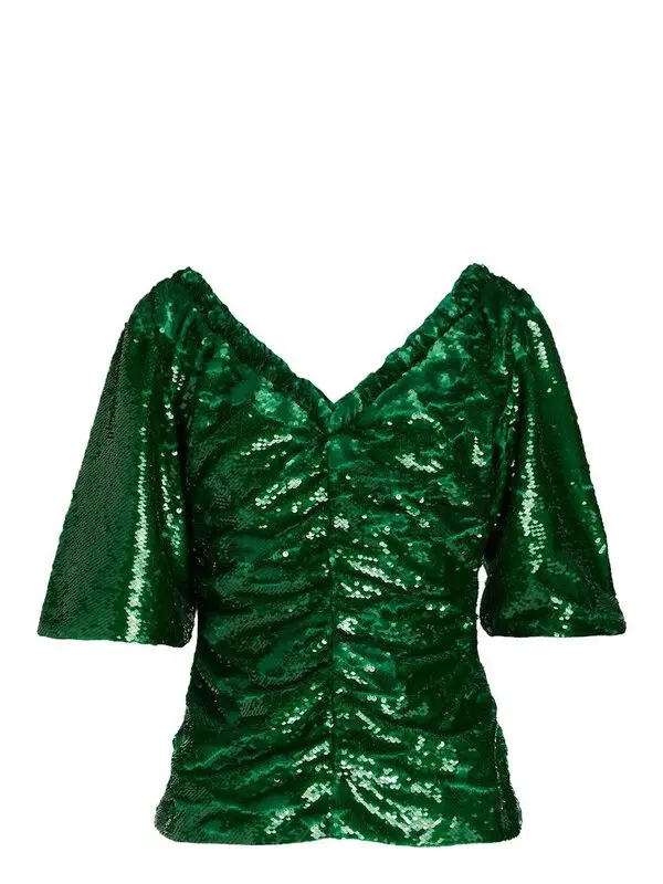GANNI Ruched Sequin Top - Green