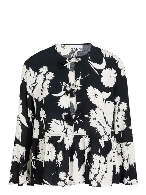 GANNI Floral-print Crepe Peplum Blouse - Black