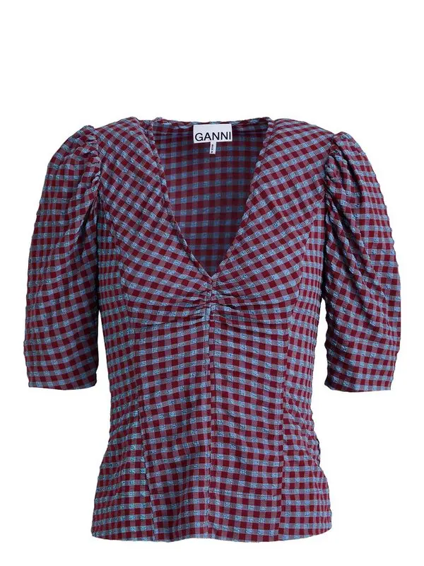 GANNI Gingham Seersucker Top - Burgundy