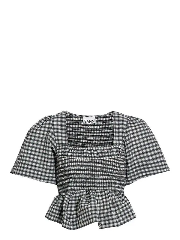 GANNI Gingham Seersucker Peplum Top - Black