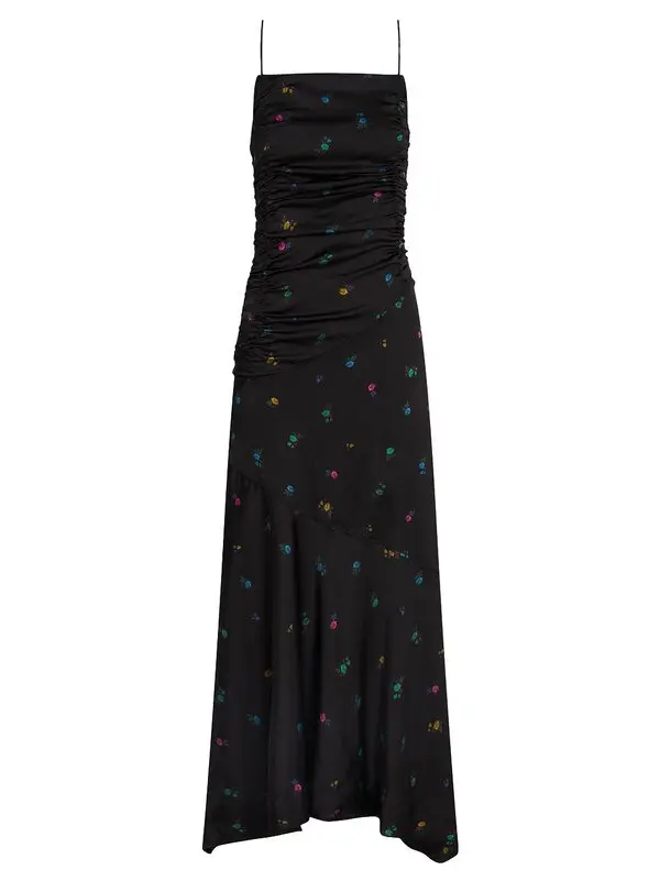 GANNI Ruched Floral-print Satin Midi Dress - Black