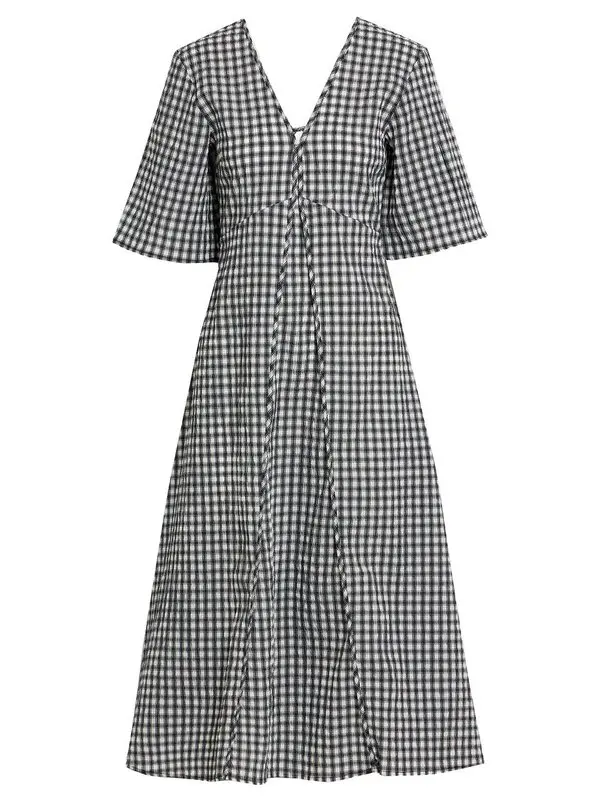 GANNI Cutout Gingham Seersucker Midi Dress - Black