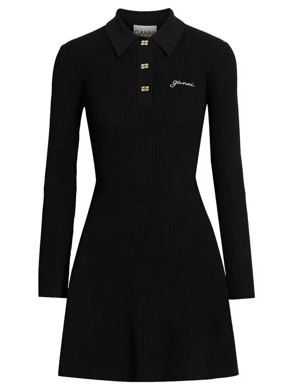 GANNI Ribbed-knit Mini Shirt Dress - Black