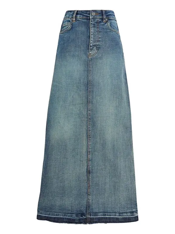GANNI Frayed Denim Maxi Skirt - Mid Denim