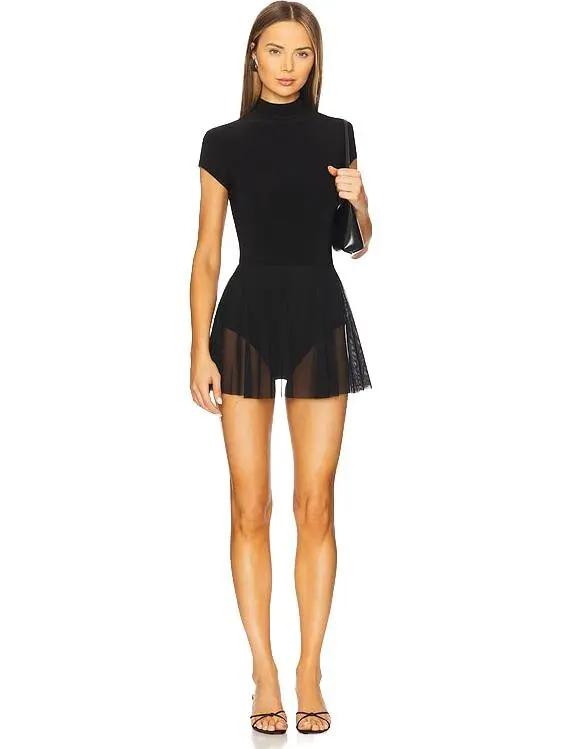 Norma Kamali Mock Neck Cap Sleeve Flared Pickleball Dress - Black