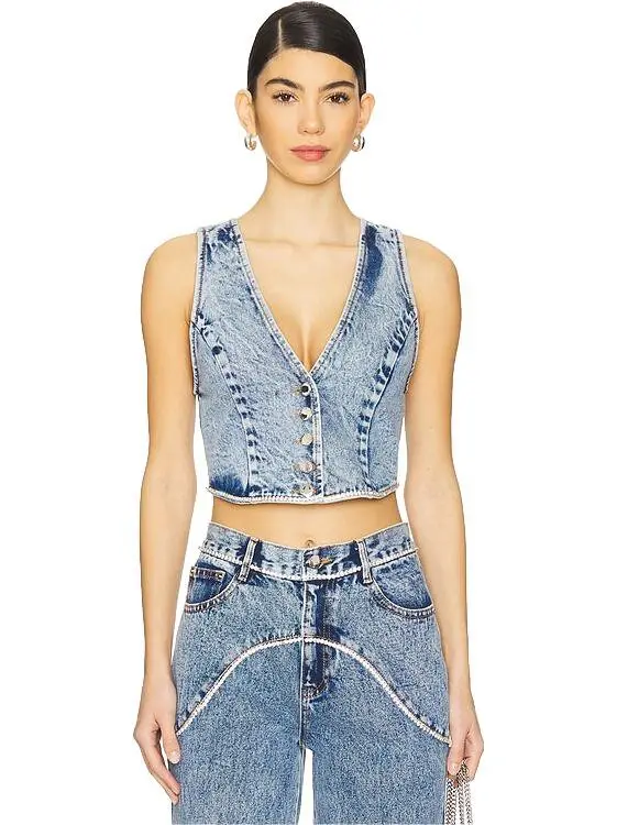 Retrofete Jordi Denim Vest With Rhinestone Trim - Blue
