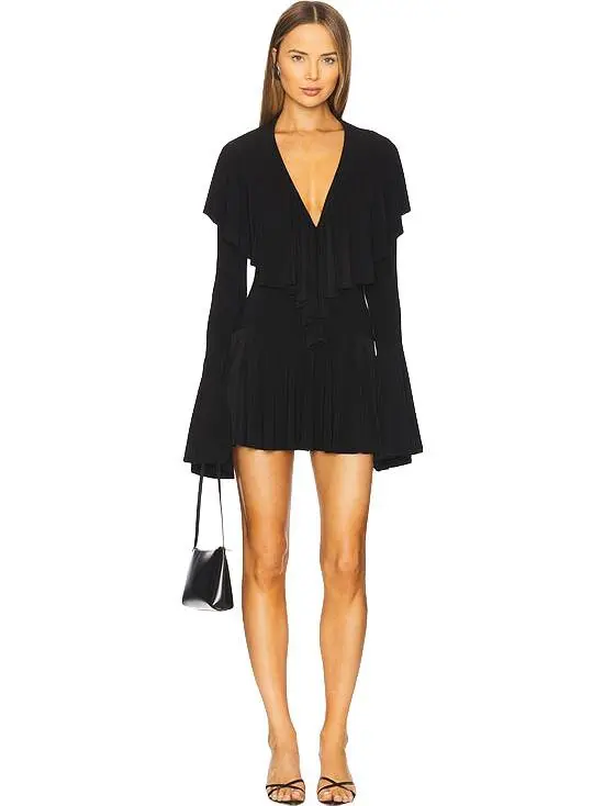 Norma Kamali Long Sleeve Deep V Ruffle Mini Dress - Black