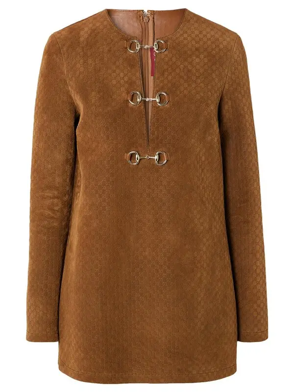 Gucci Horsebit-detailed Debossed Suede Mini Dress - Brown