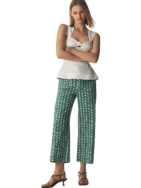 Maeve The Colette Printed Linen Blend Crop Wide-leg Pants - Green Pattern