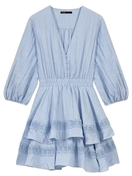 Maje Ruffled Mini Dress With Lace - Blue Sky