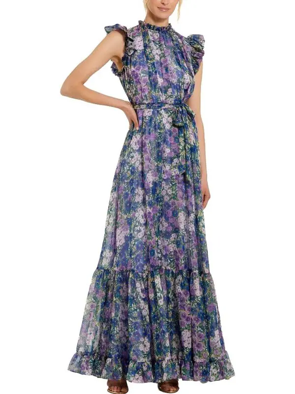 Mac Duggal Belted Floral Chiffon Gown - Lilac Multi