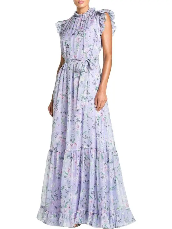 Mac Duggal Belted Floral Chiffon Gown - Orchid Multi