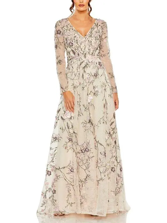 Mac Duggal V-neck Embroidered A-line Gown - Blush