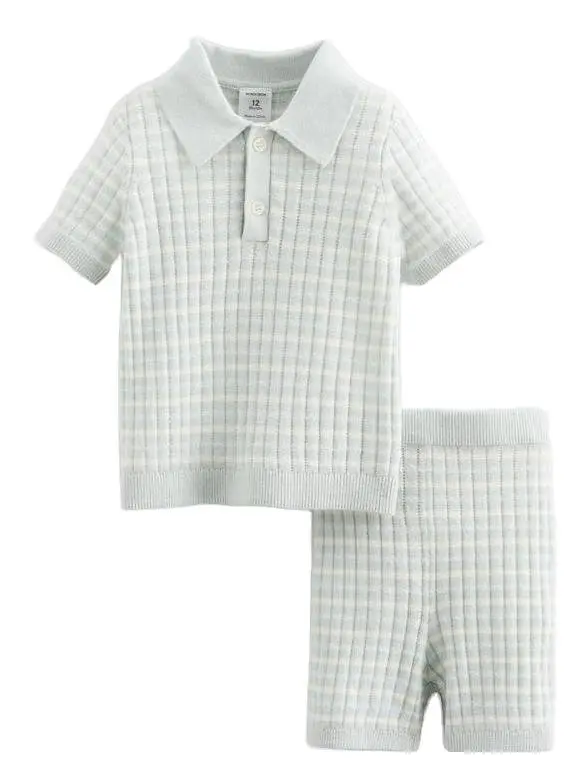 Nordstrom Stripe Pointelle Polo Sweater & Shorts Set - Green Hush Multi Stripe