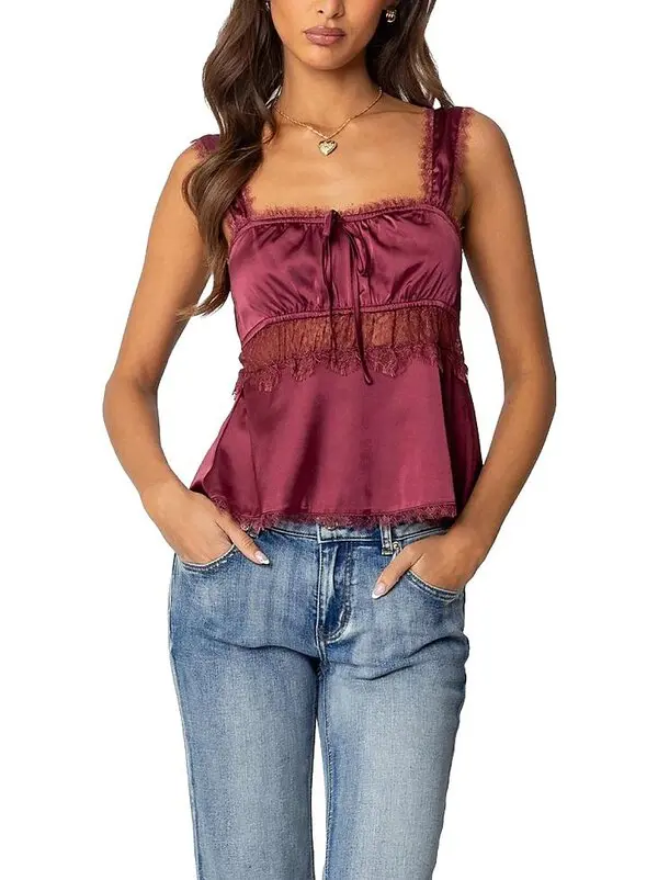 EDIKTED Loryn Lacey Satin Effect Top - Burgundy