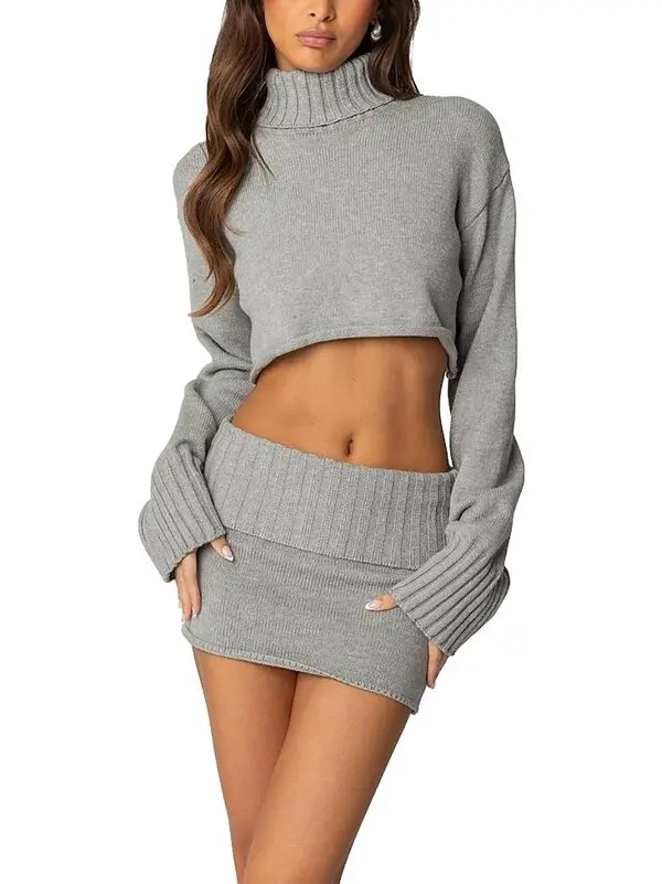 EDIKTED Gino Cropped Turtleneck Sweater - Gray Melange