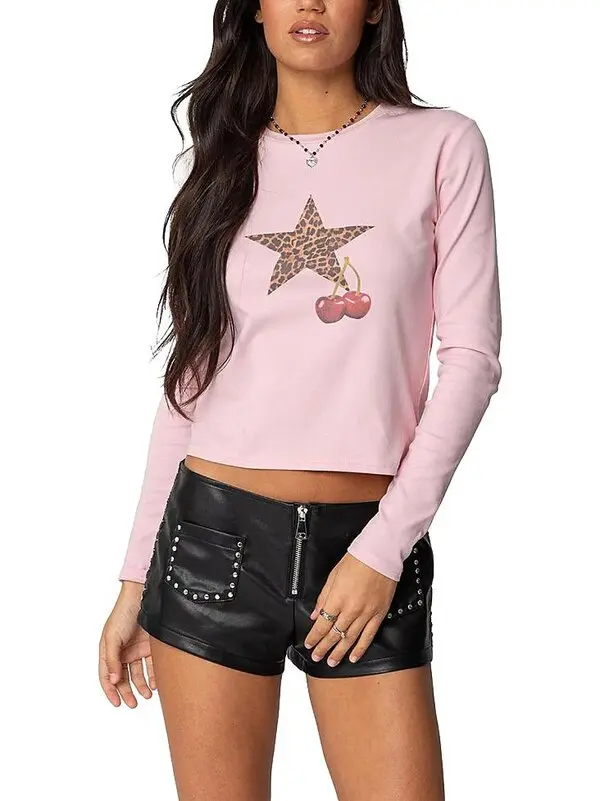 EDIKTED Cherry Leopard Star Long Sleeve T-shirt - Pink