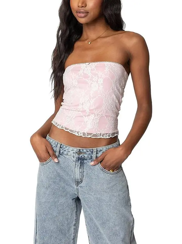 EDIKTED Allison Lace Tube Top - White-and-pink