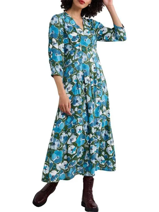 SEASALT CORNWALL Etta Floral Pleated Midi Dress - Paper Hellebores Forest Green