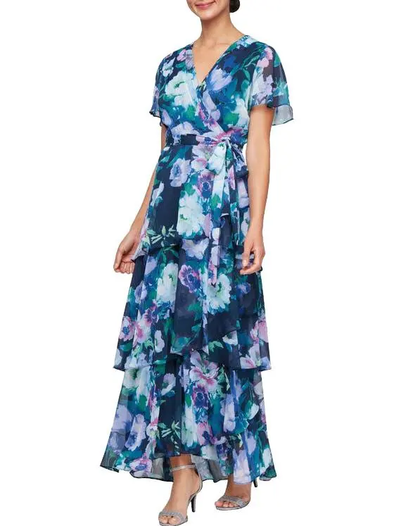 SL FASHIONS Floral Tiered Gown - Blue/multi