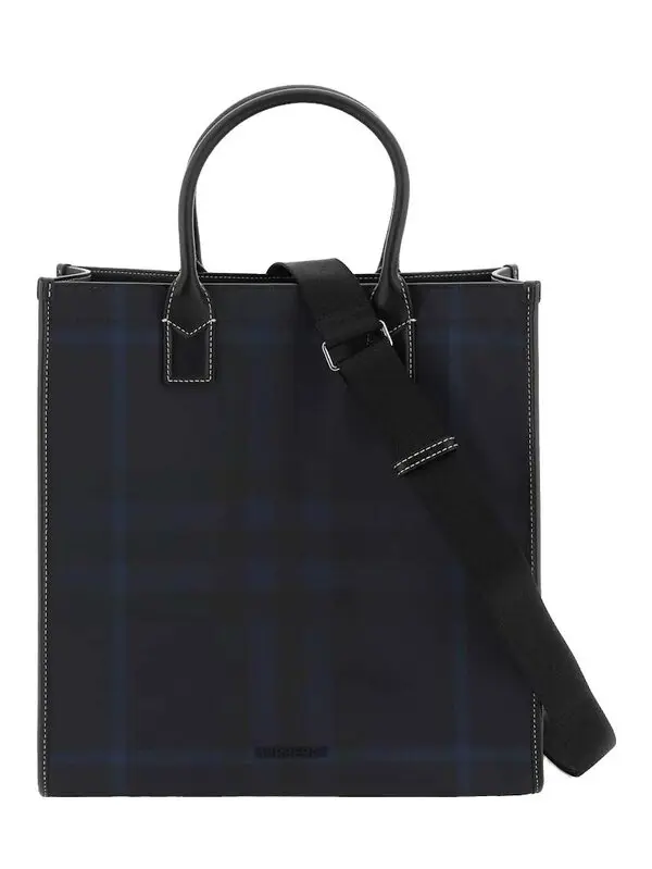 Burberry Logo Plaque Checked Tote - Navy Blue