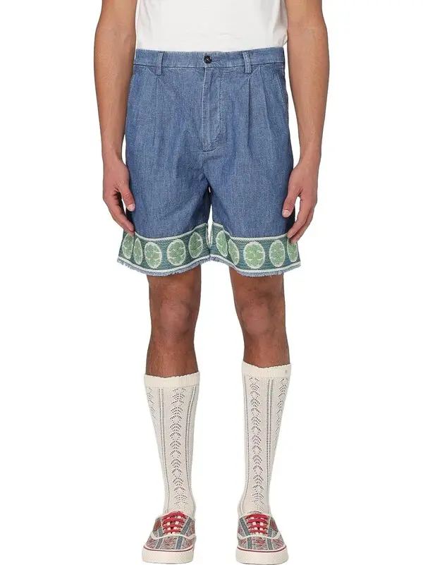Valentino Garavani Pleated Denim Shorts With Embellished Hem - Blue