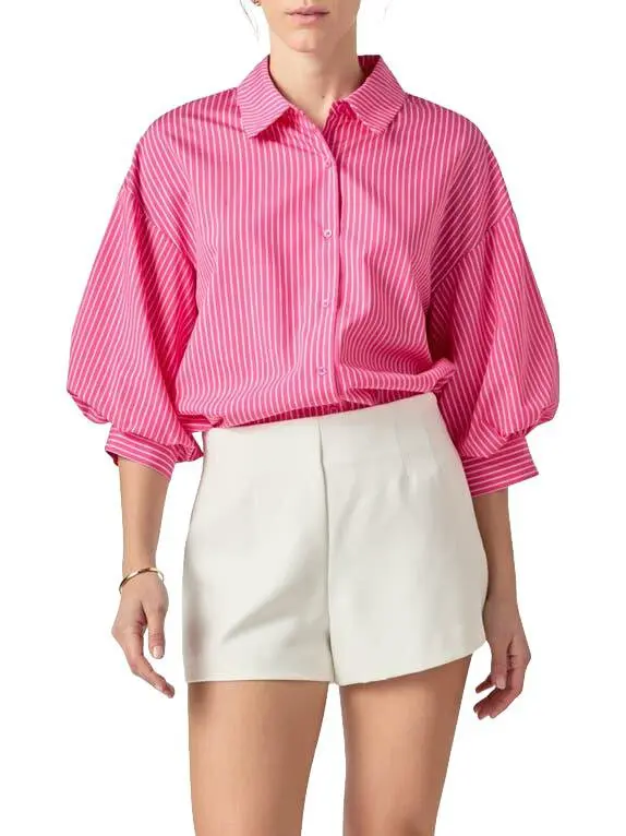 English Factory Striped Balloon Sleeve Shirt - Fuchsia