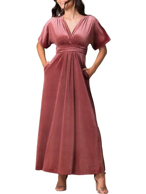 KIYONNA Verona V-neck Velvet Gown - Mauve Rose