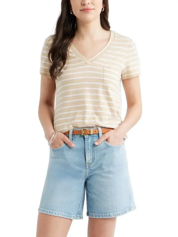 Caslon Short Sleeve Cotton & Modal V-neck Pocket T-shirt - Tan- White Elizabeth Stripe
