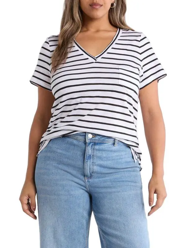 Caslon Short Sleeve Cotton & Modal V-neck Pocket T-shirt - White- Black Elizabeth Stripe