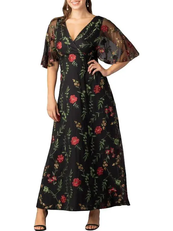 KIYONNA Embroidered Evening Gown With Sleeves - Onyx