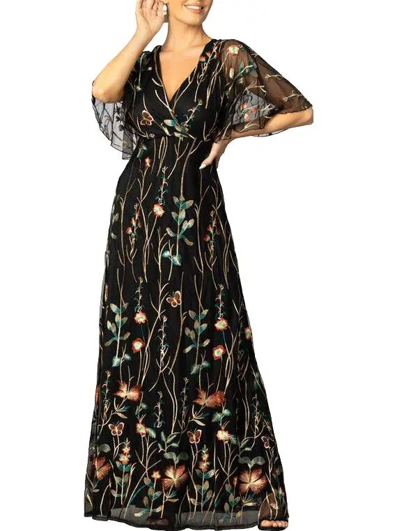 KIYONNA Embroidered Evening Gown With Sleeves - Onyx