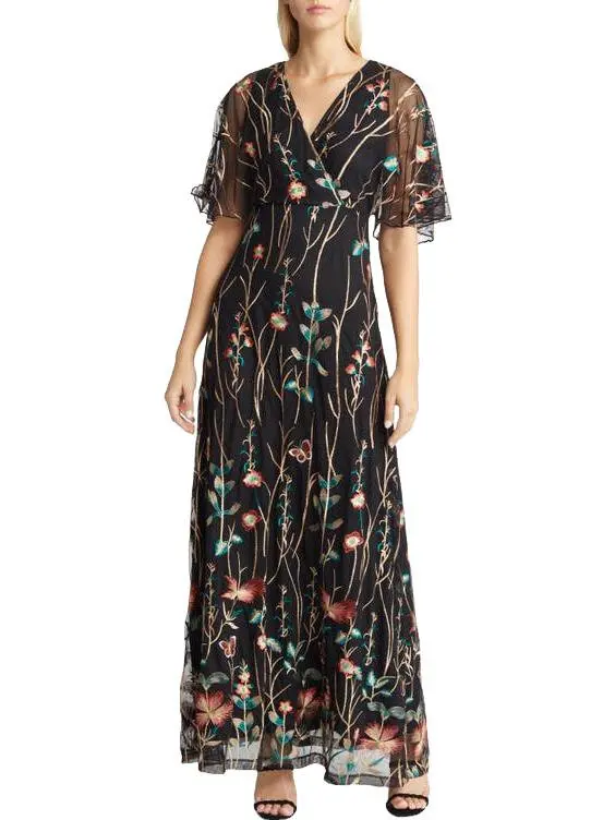KIYONNA Embroidered Evening Gown With Sleeves - Onyx