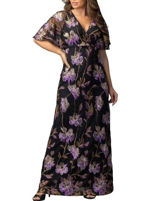 KIYONNA Embroidered Evening Gown With Sleeves - Purple Iris