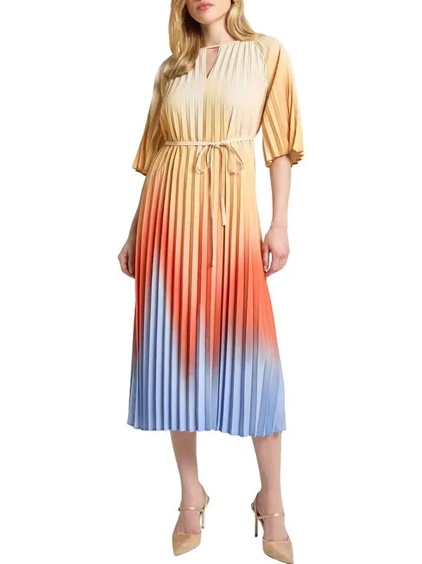 Misook Pleated Ombré Crêpe De Chine Midi Dress - Arctic