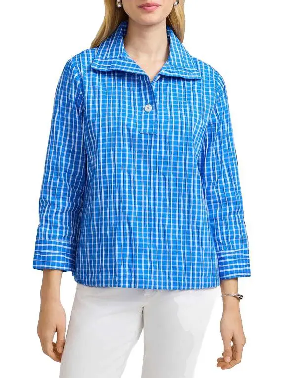Foxcroft Sammy Check Crinkled Cotton Blend Top - Cobalt Blue/ White