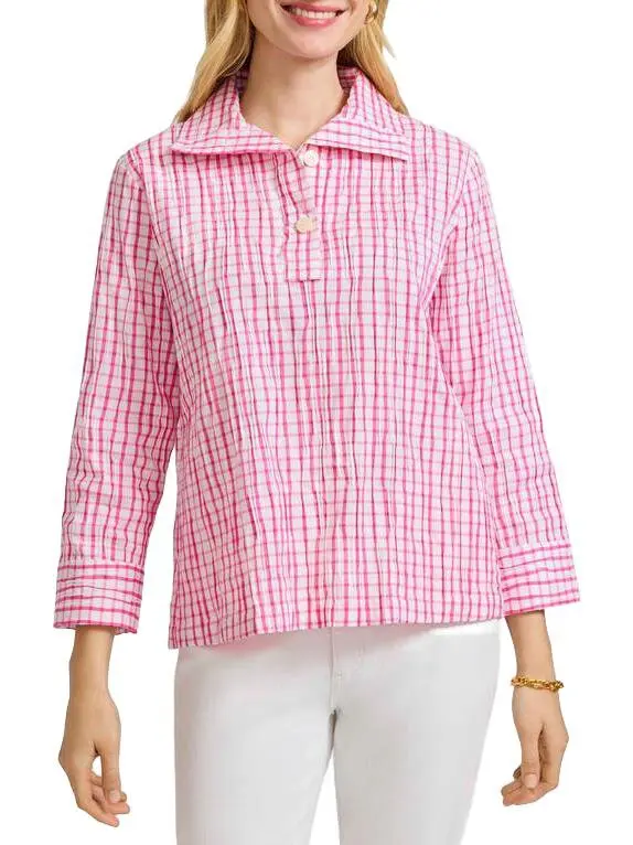 Foxcroft Sammy Check Crinkled Cotton Blend Top - White/ Bombshell Pink