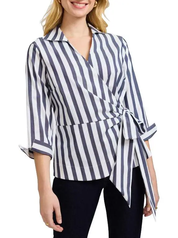 Foxcroft Salina Striped Wrap Shirt - Navy/ White